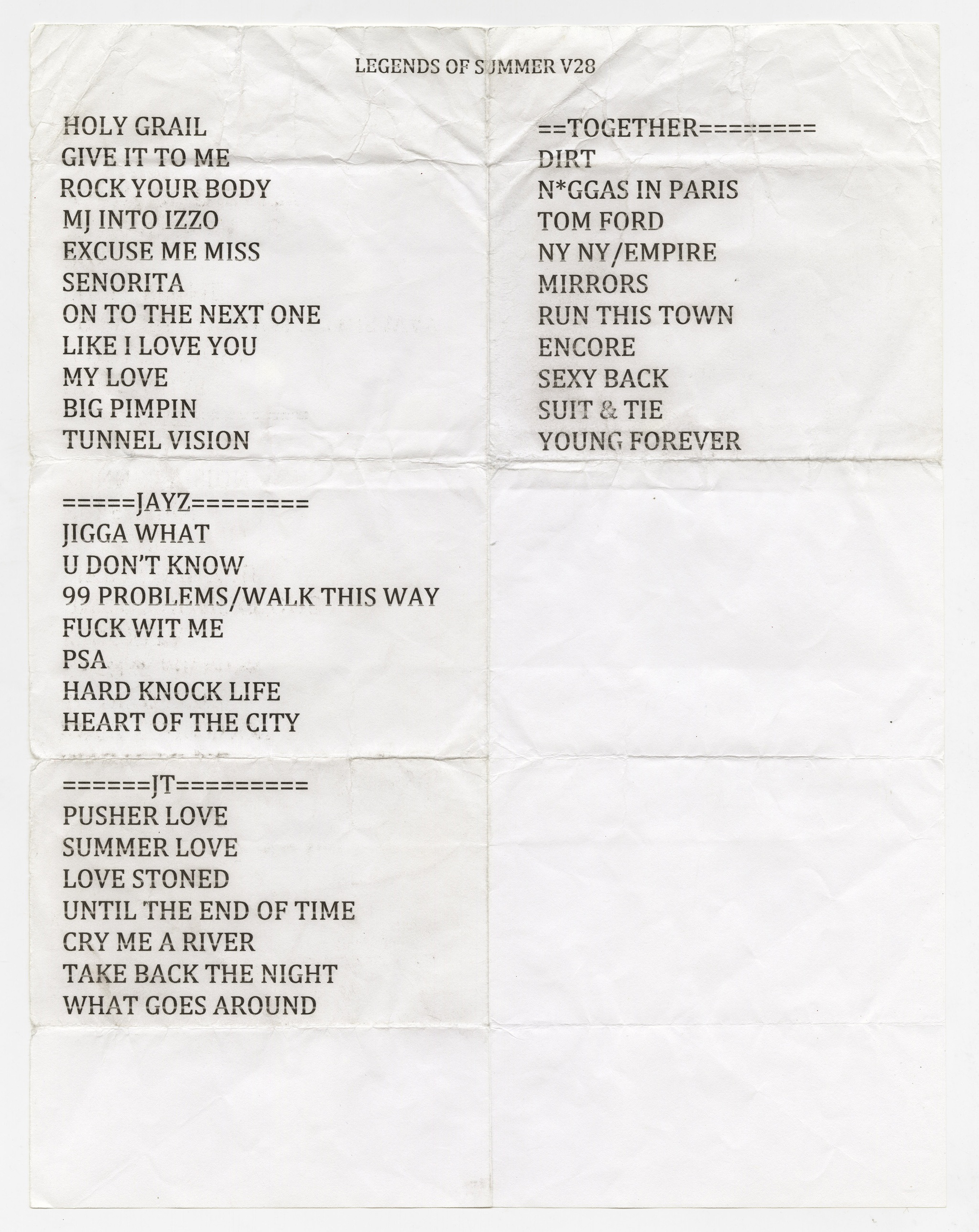 LEGENDS OF THE SUMMER TOUR SET LIST - The Book of HOV